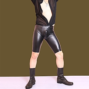 leesuo Men's Sexy Synthetic Latex Oil Shiny Faux PU Leather Pants Shorts Black