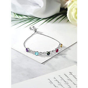 Gem Stone King 925 Sterling Silver Customized and Personalized 5 Gemstone Birthstone and White Lab Grown Diamond Adjustable Tennis Bracelet For Women
