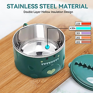 HERCHR Cartoon Stainless Steel Soup Bowl, Cute Cereal Bowl with Lid and Handles Green Japanese Ramen Bowl Soup Bowls with Handles for Soup Cereal Rice