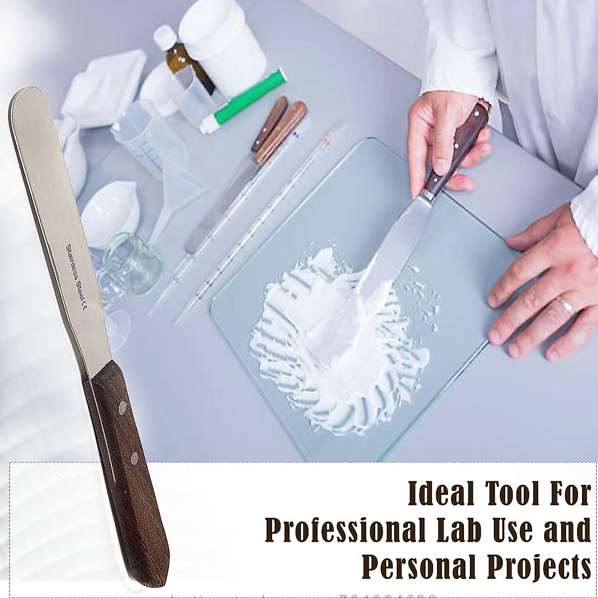 A2Z-WHS5 Stainless Steel Lab Spatula with Wooden Handle, 5" Blade, 0.88" Blade Width, 9.08" Total Length