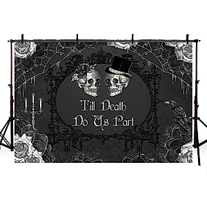 AIBIIN 7x5ft Halloween Till Death Do Us Part Backdrop Spooky Skull Gothic Wedding Party Decorations Supplies Bachelorette Bridal Shower Photography Background Banner Cake Table Photo Booth Props