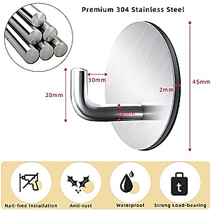 Sticky Hook Adhesive Hooks Heavy Duty for Wall Hanging 6-Pack Stainless Steel with Extra Strong Waterproof,for Towels/Keys/Hat/Clothing/Bathroom/Kitchen/Home/Office, Silver-6pack