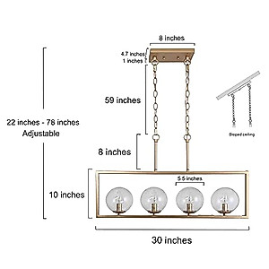 Gold Chandelier, 4-Light Modern Chandelier Light Fixture, 30" Mid Century Linear Kitchen Island Lighting, Seeded Glass Globe Shades