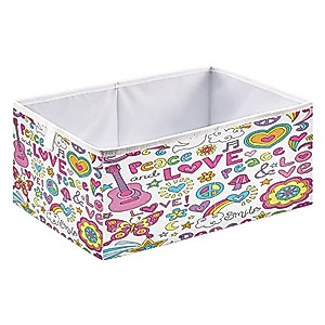 ALAZA Peace Sign Love Music Mushroom Flower Rainbow Storage Bin Organizer Foldable Basket for Closet Cabinet Shelf Office 15.75 x 10.63 x 6.96 Inch