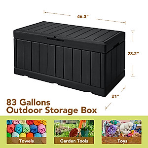 GUNJI 83 Gallon Storage Box Outdoor Waterproof Large Resin Deck Box Patio Storage Bench Lockable Storage Container for Outdoor Cushions, Garden Tools and Pool Supplies (Black)