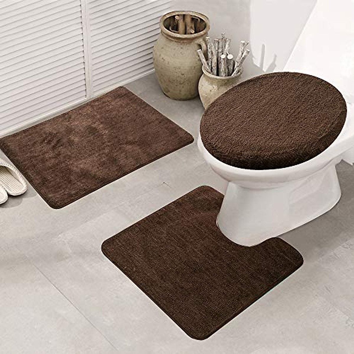 3 Pieces Bathroom Rugs Set, Luxury Soft Chenille Bath Mats Set, Absorbent Shaggy Anti-Slip Bath Rugs, U-Shaped Toilet Mat + Shower Floor Mat +Toilet Lid Cover (Coffee)