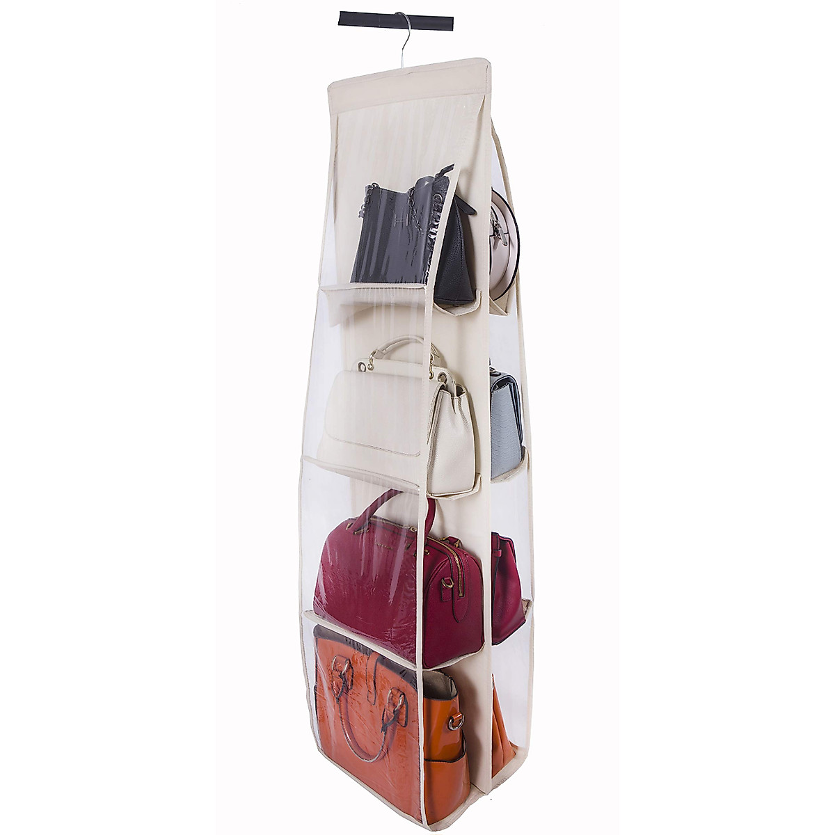 Amelitory Hanging Handbags Holder for Closet 4 Shelf Purse Bags Storage 8 Compartment Dust-Proof Organizer Beige
