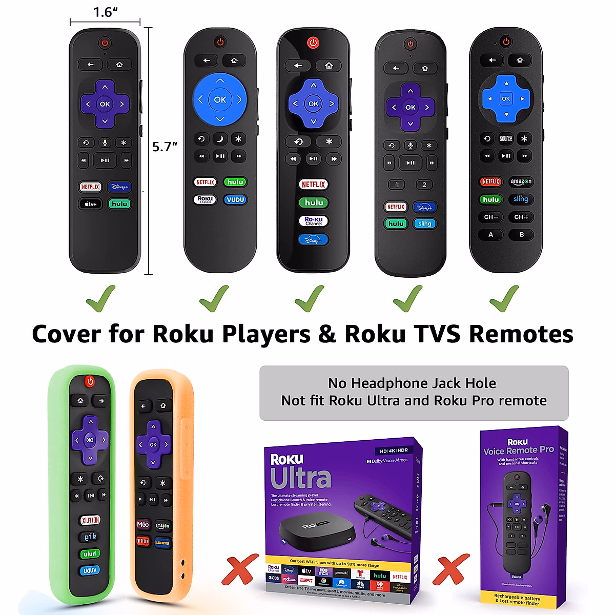 [4 Pack] SOTATOO Case for Roku Remote, Battery Cover for TCL Roku Smart TV Steaming Stick Remote, Silicone Protective Controller Universal Sleeve Skin Glow in The Dark Pink Orange Green Blue