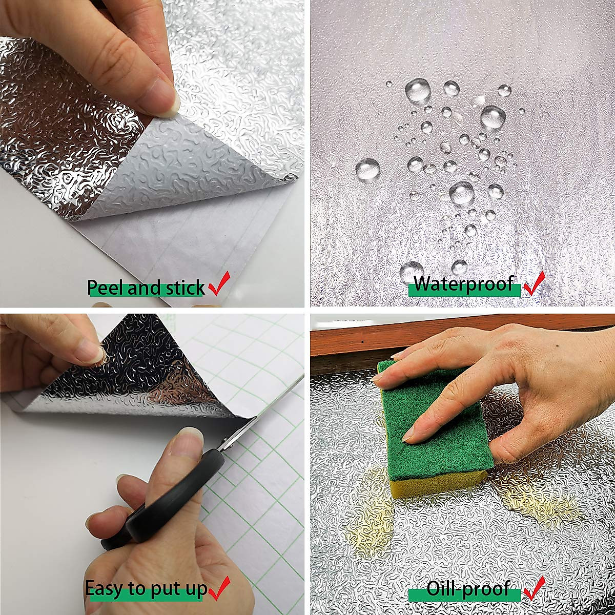 BAYYA Silver Kitchen Backsplash Wallpaper Stickers Peel and Stick Aluminum Foil Contact Paper Self Adhesive Waterproof Oil-Proof Heat Resistant Wall Sticker for Countertop Drawer Liner Shelf Liner