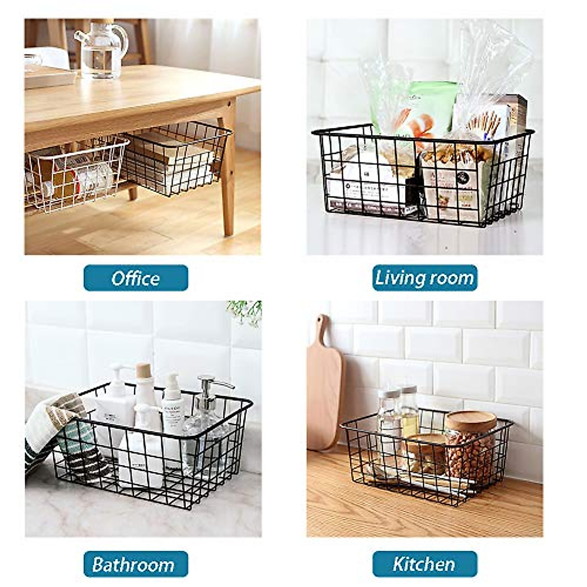 Wire Storage Baskets, 4 Pack Metal Household Organizer with 2 Pcs Fabric Liners, Refrigerator Bin with handles, for Pantry, Shelf, Freezer, Kitchen Cabinet, Bathroom, Countertop, Closets (Black)