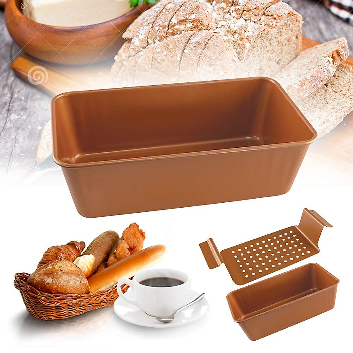Non-Stick Meatloaf Pan 2-Piece Healthy Meatloaf Set Copper Coating With Removable Tray Drains, Oven and Dishwasher Safe (COPPER MEATLOAF PAN)