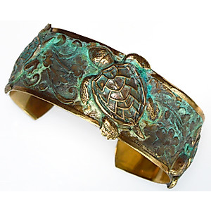 Elaine Coyne Collectible Artwear Classic Sea Turtle Cuff Bracelet - Verdigris Patina Brass