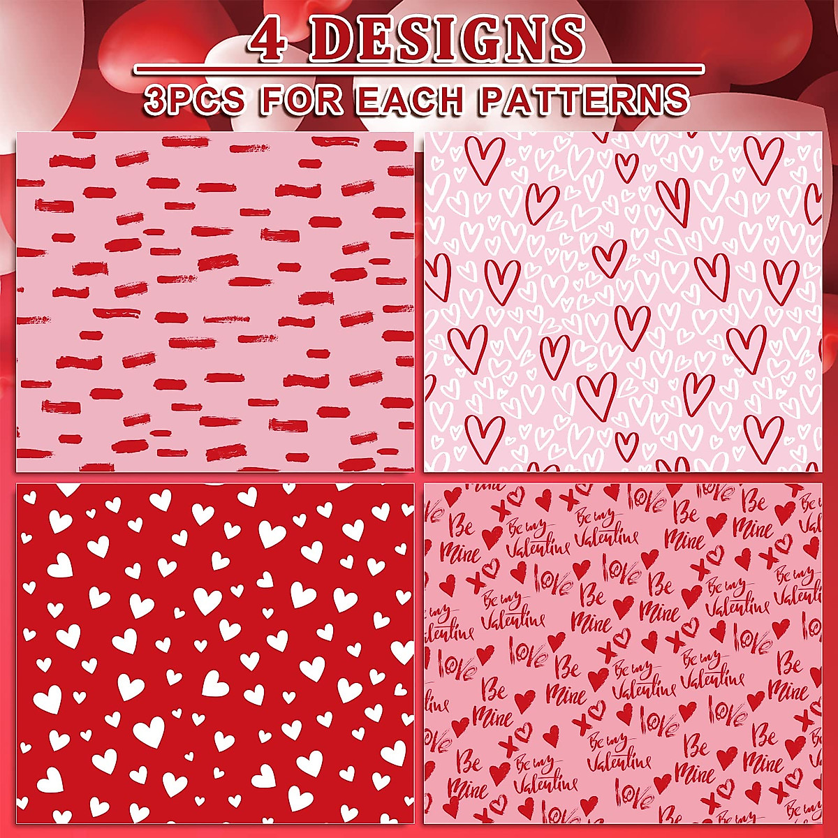 Whaline 12 Sheet Valentine's Day Wrapping Paper Pink Red White Heart pattern Wrapping Paper Love Be Mine Printed Art Paper for Wedding Anniversary Baby Shower Birthday Gift Packing, 19.7 x 27.6 Inch