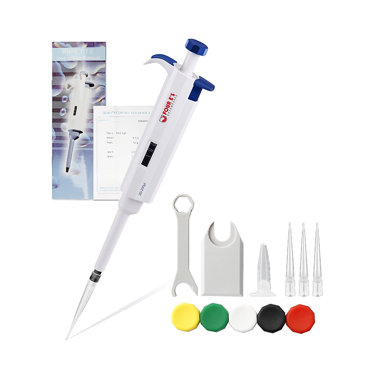 Adjustable Pipettes 20-200μl, Single Channel Pipette Lab Micropipettes Variable Volume, Four E's Scientific