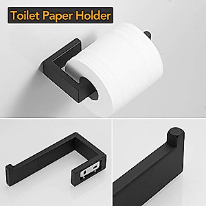 BESy 4 Piece Bathroom Accessories Set (23.6'' Towel Bar, Hand Towel Holder Towel Rack, Toilet Paper Holder, Double Towel Hooks), Wall Mounted Bath Hardware Fixtures Set, Stainless Steel/Matte Black