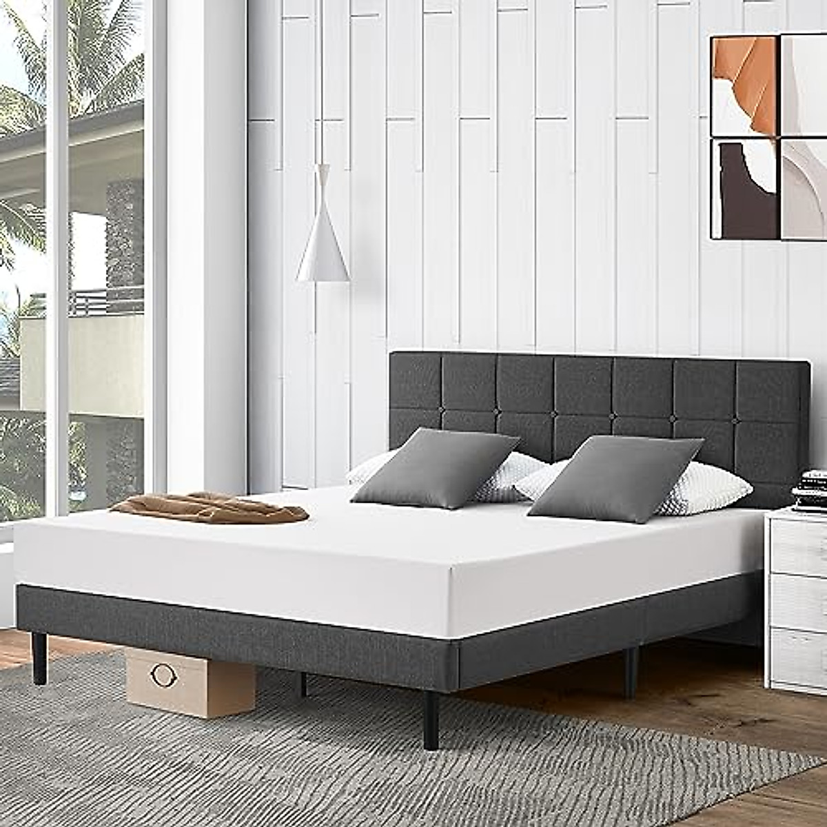 Molblly Full Size Bed Frame with Upholstered Headboard, Platform Bed Frame with Sturdy Wood Slat, Linen Fabric Wrap, Non-Slip and Noise-Free,No Box Spring Needed, Easy Assembly, Grey