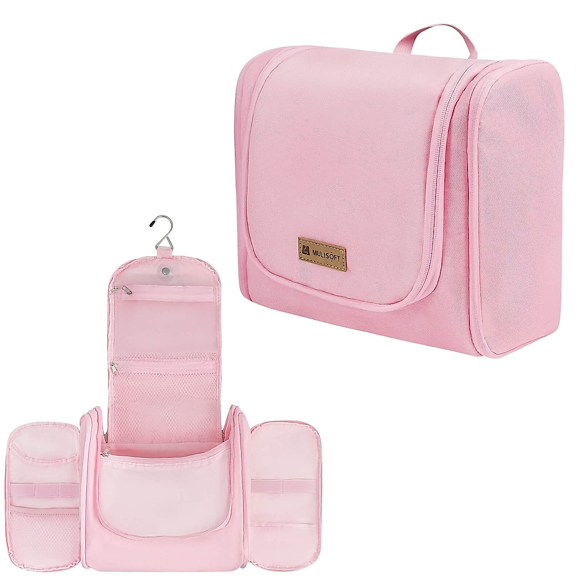 MULISOFT Toiletry Bag for Women, Hanging Travel Toiletry Bag with Large Capacity, Water-resistant Makeup Bag with 16 Compartments for Toiletries and Cosmetics, Toiletry Organizer Bag, Rose Pink