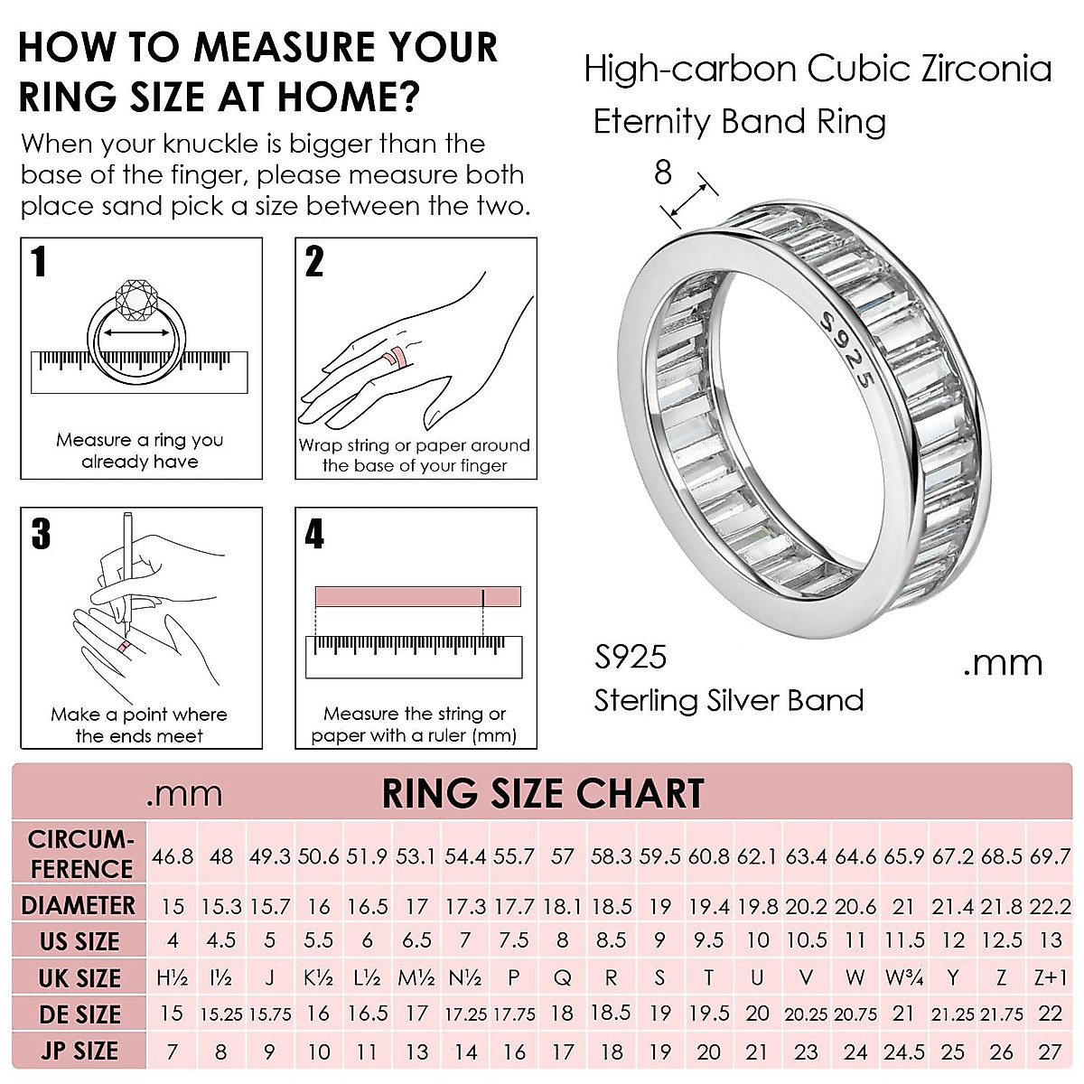 Michooyel Emerald Cut Eternity Ring for Women Channel Setting Wedding Ring Diamond Bands Rings Sterling Silver Cubic Zirconia Statement Rings for Women