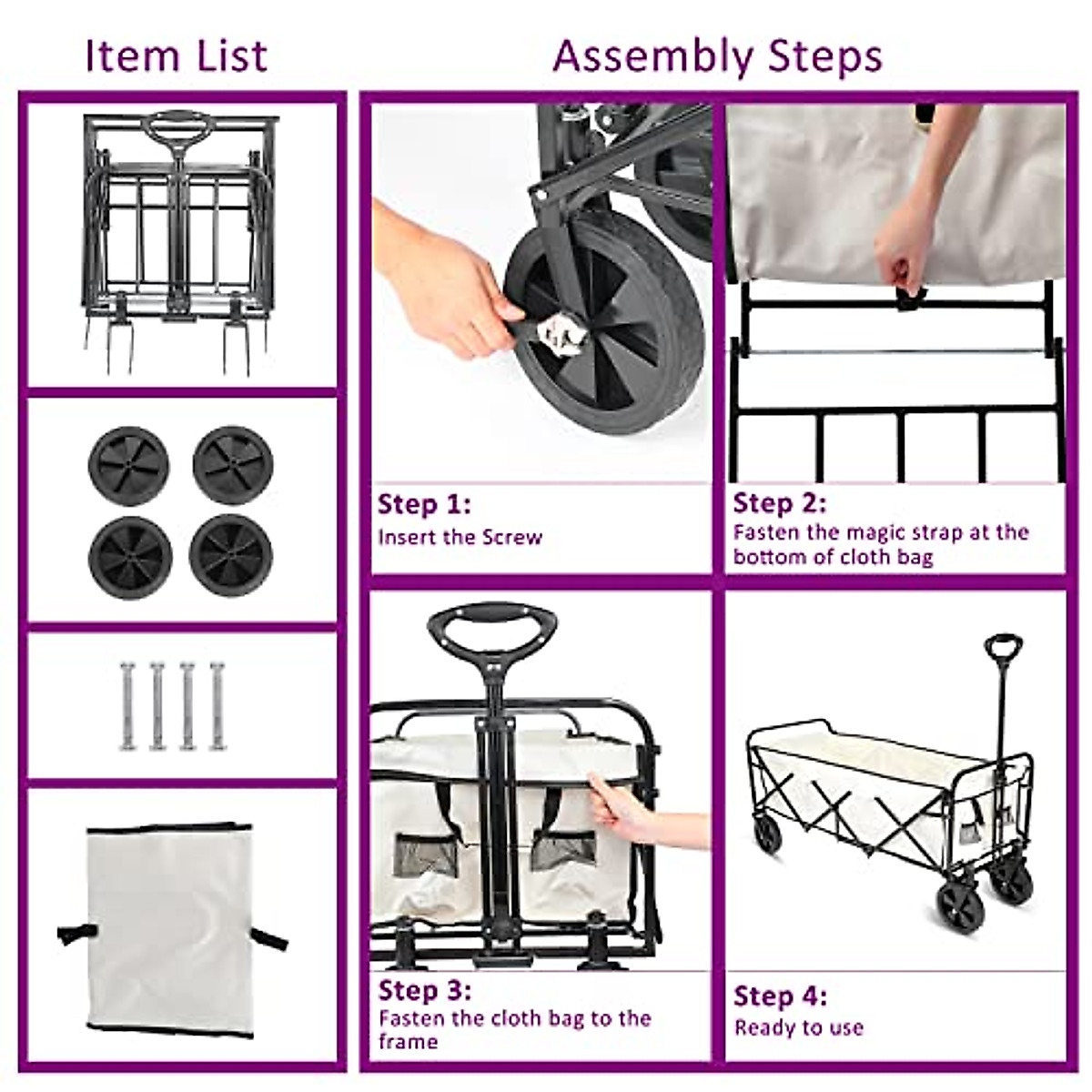 DYD Extended Folding Utility Wagon, 330LBS Heavy Loaded Collapsible Garden Cart with Anti-Slip Wheels, Adjustable Handle and Side Pockets, Large, White, Picnic, Beach, Camping, X-Large