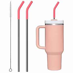 Bluwing 2 Pcs Stainless Steel Straws for 40 oz Stanley Tumbler, Replacement 40 oz Stanley Cup Straw Accessories with Silicone Tips and Cleaning Brush (Pink Dusk)