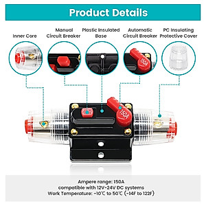 NuIth 150A Audio Inline Circuit Breaker with Manual Reset 12-24V, 4-12 AWG 150 AMP Circuit Breaker Inline Fuse for Car AutomotiveAudio Amplifier System Protection Marine Truck RV Home, 2PCS