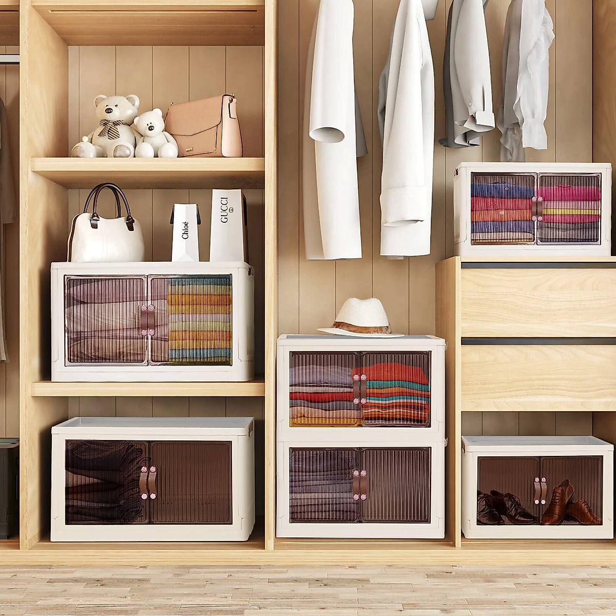 Auzfy Collapsible Storage Bins with Lids and Wheels,13 Gal Cube Stackable and Foldable Plastic Storage Box Containers with 2 Transparent Doors, Container System for Organization and Storage(1 Pack)