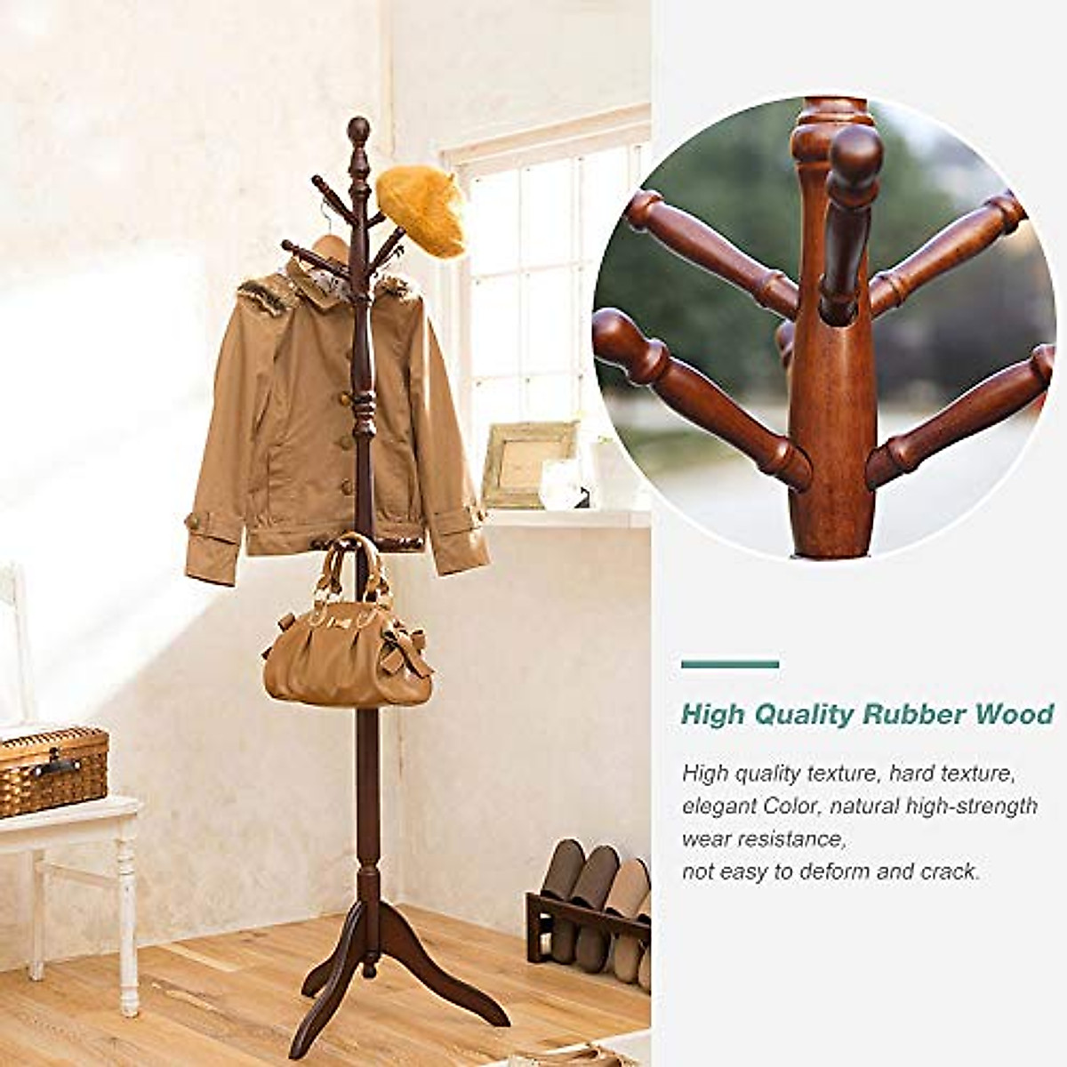 Vlush Free Standing Coat Rack, Wooden Coat Hat Tree Coat Hanger Holder Coat Hook Entryway Hall Tree with Solid Rubber Wood Base, 10 Hooks,Coffee