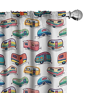 Lunarable Cars Window Curtains, Vintage Travel Trailers Colorful Vehicles Geometric Patterns Camping Holiday, Lightweight Decor 2-Panel Set with Rod Pocket, Pair of - 28" x 63", Coral Blue