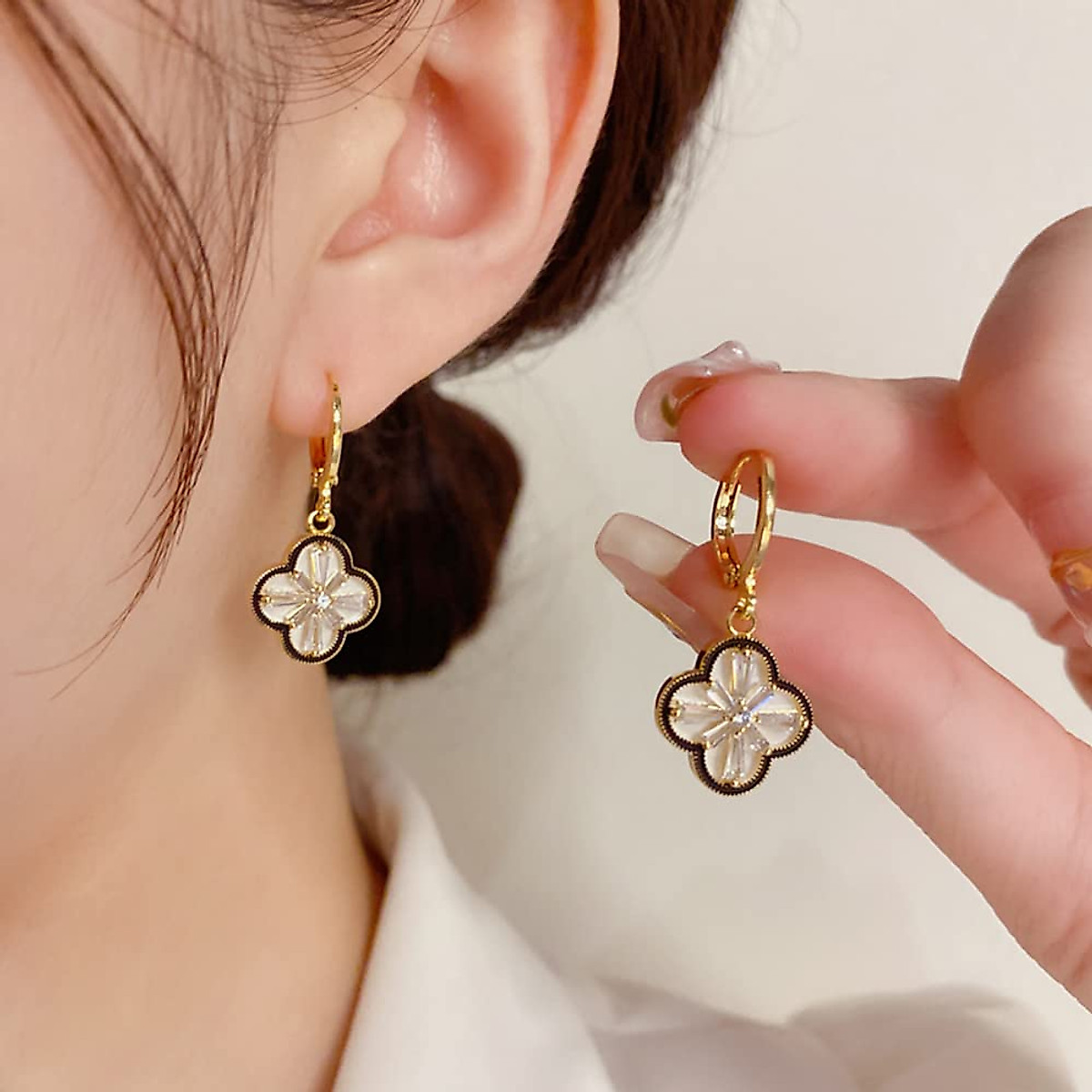 Four Leaf Clover Crystal Flower Statement Small Hoop Earring for Women Gold Plated Tiny Huggie Cubic Zirconia Dangle Drop Mini Hoop Earring Ear Cuff Pierced Jewelry Gift for Valentine's Day Birthday