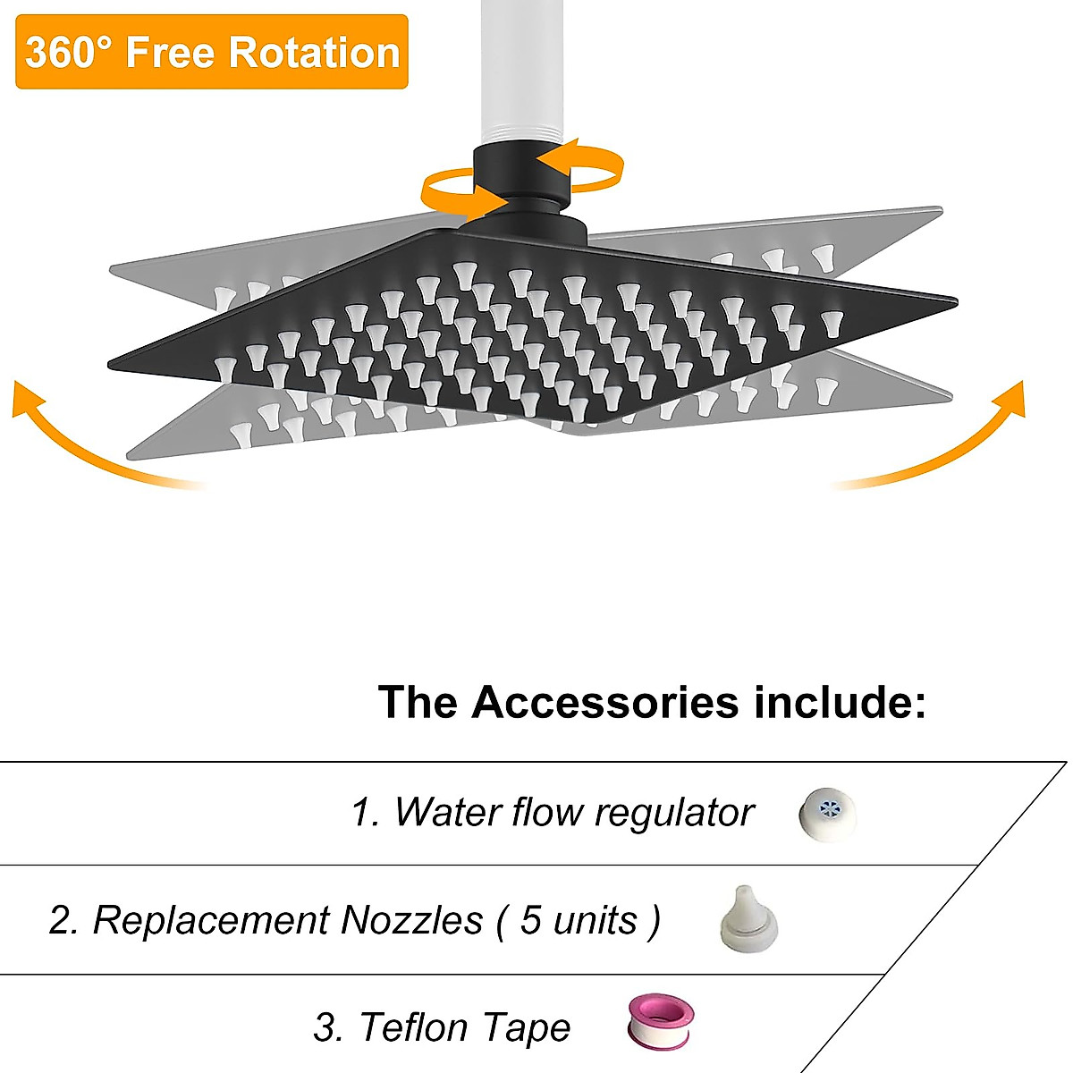 BESy 6 Inch Rain Shower Head, 6" Square Rainfall & High Pressure Stainless Steel Bath Showerhead, 1/16" Ultra Thin, Waterfall Full Body Coverage with Silicone Nozzle, Matte Black Finish