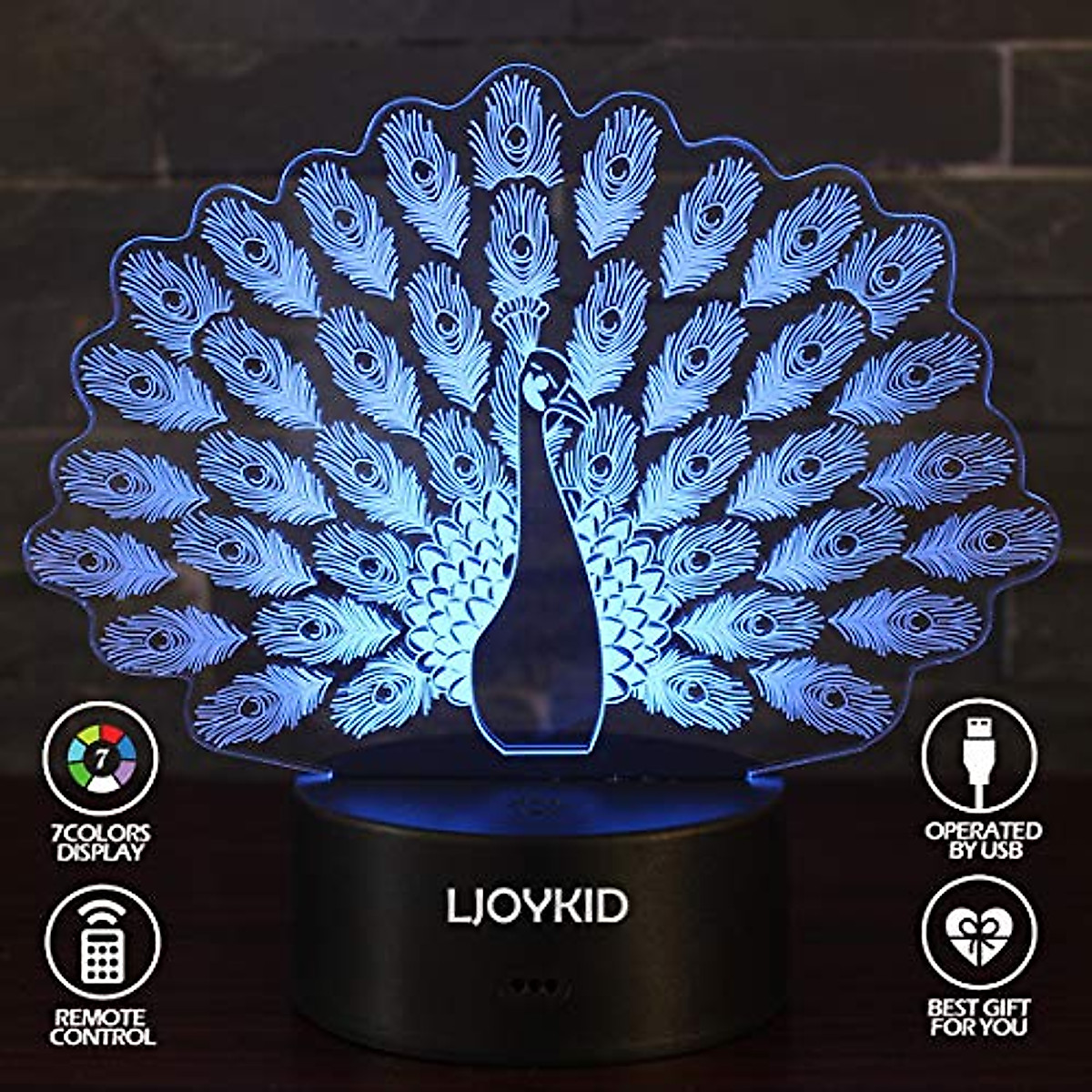 LJOYKID 3D Led Night Light Lamps - Optical Illusion 7 Colors Touch Table Desk Visual Lamp with Remote Control for Gifts for Children Kids (Peacock)