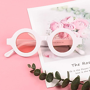 Fuaisi Retro Fashion Oversized Thick Bold Frame Round Sunglasses Anti-UV Outdoor Colorful Glasses (White Frame/Pink Lens)