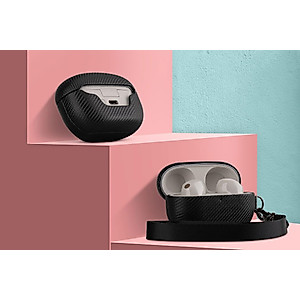 LOPIE Case Compatible with Sony WF-1000XM5, Carbon Fiber Style Vegan Leather Case Designed for Earbuds WF1000XM5 Case Cover 2023, Protective Hard Cover for Men/Women - Black