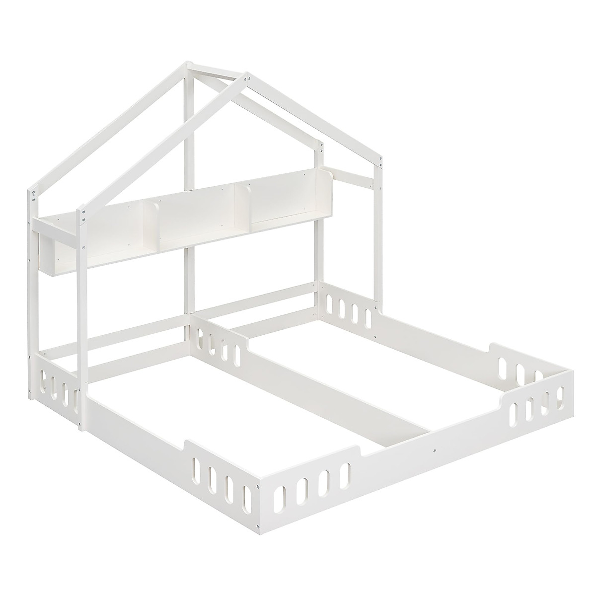 Harper & Bright Designs Twin House Bed for 2 Kids,Wood Double Twin Platform Beds with Rails, Montessori Floor Bed,Two Shared Beds with Shelves and Guardrail,Creamy White