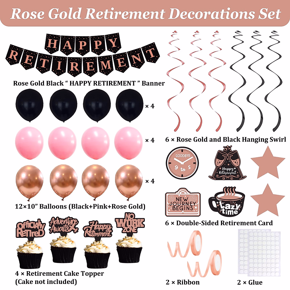 Retirement Party Decorations Women, Rose Gold Black Happy Retirement Decorations Female, Happy Retirement Banner, Retired Backdrop, Balloons, Pompom, Hanging Swirl, Retirement Card, Cake Topper 54pcs