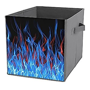 Blue and Red Fire Flame Storage Bin Foldable Cube Closet Organizer Square Baskets Box with Dual Handles