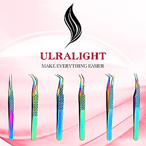 7 Pcs Eyelash Extension Tweezers Set Diamond Grip Lash Tweezer for Eyelash Extensions Japanese Stainless Steel Straight and Curved Tip Precision Tweezers Kits for Profession and Beginner (Colorful)