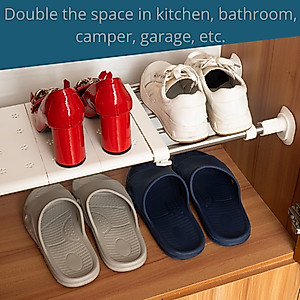 Juwell Tension Rod Shelf, Expandable Closet Tension Shelf with Auxiliary Stickers and Spirit Level, No Drilling Space Saver Racks for Kitchen Cupboard Wardrobe RV(9.45*16.5-25.6Inch)