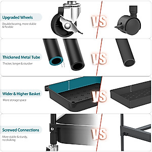 SPACEKEEPER Rolling Storage Cart, 4-Tier Bathroom Organizer Utility Cart Laundry Room Organization Mobile Shelving Unit with Towel Rack, Lockable Wheel, Hooks & Cup for Kitchen Bedroom Office, Black