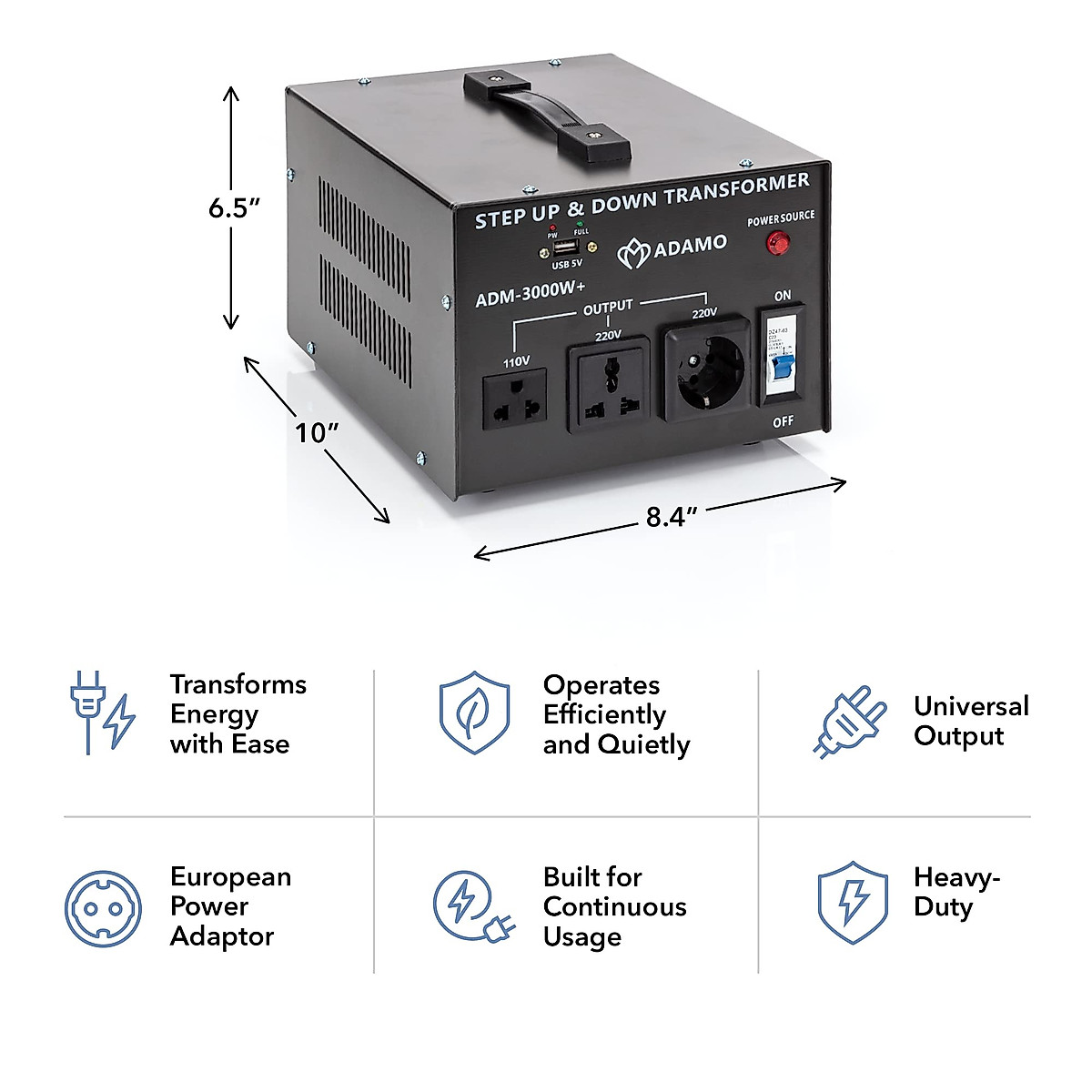 Step Up & Down Transformer - 3000 Watt Heavy-Duty Voltage Converter - Transforms 110v/120v to 220v/240v & Vice Versa - Universal Output - Includes European Power Adapter