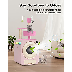 Self Cleaning Cat Litter Box with Cat Tree Scratching Post, Automatic Cat Litter Box for Multiple Cats with APP Control Odor Removal Integrated Safety Protection Smart Robort Pink