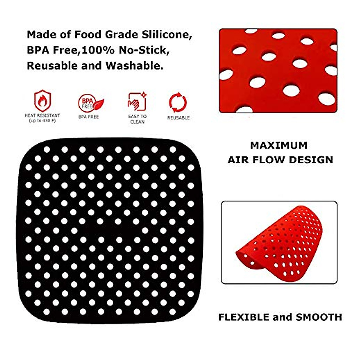 3 PCS Reusable Air Fryer Liners,Square Air Fryer Silicone Liners for Air Fryer Basket,Non-Stick Air Fryer Accessories Basket Mats Replacement for Parchment Paper, BPA Free. (Black Red Green, 8.5 in)