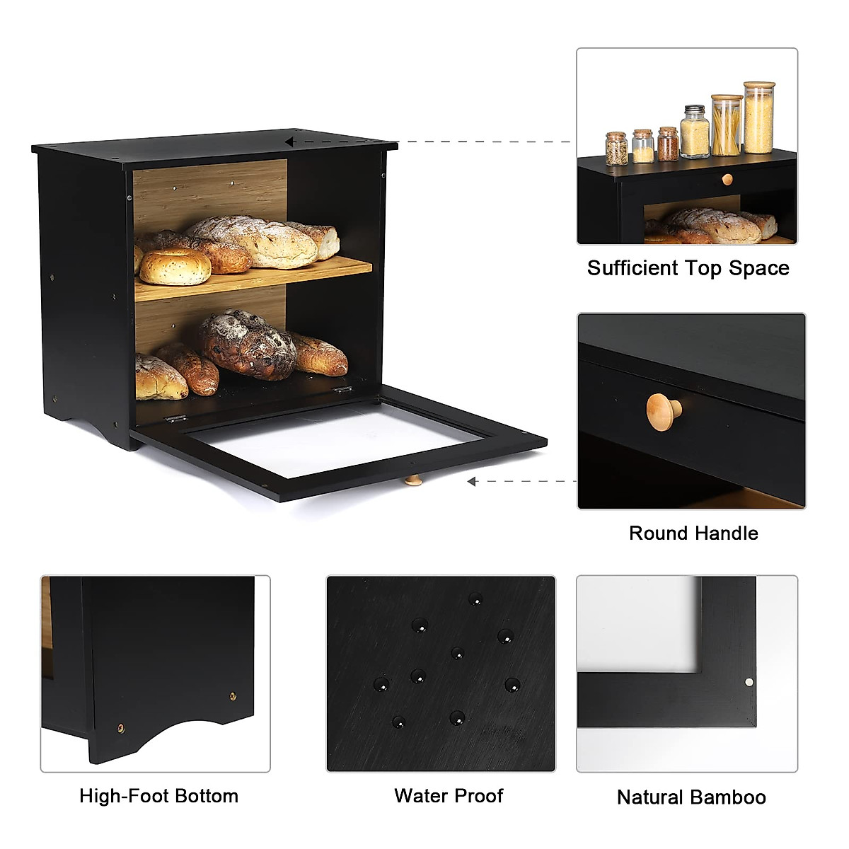 HOMEKOKO Bamboo Double Layer Regular Bread Box, Natural Bamboo Bread Boxes for Kitchen Counter, Bamboo Capacity Food Storage (Black)