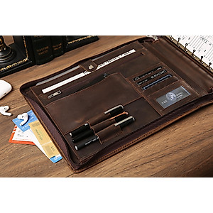 Leather Business Checkbook Binder - 7 Ring Zippered Binder with Check Book Holder for 3 Per Page, 600 Checks Capacity for 9 x 13 inch Sheets, Dark Khaki