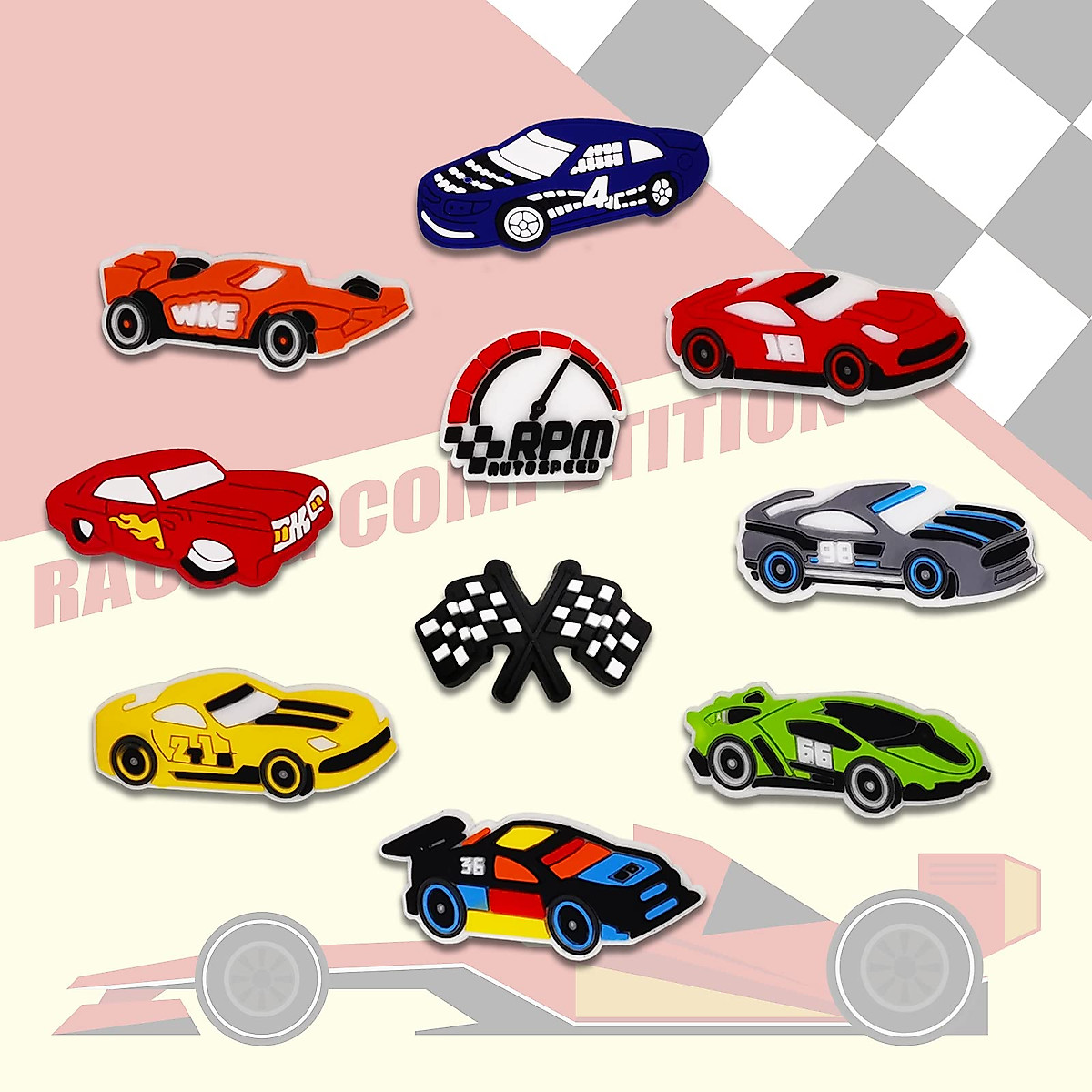 25PCS Racing Car Shoe Charms for Croc Bubble Slides Clogs Sandals, Speeding Car Shoe Accessories Decorations for Girls Women Teens Adults