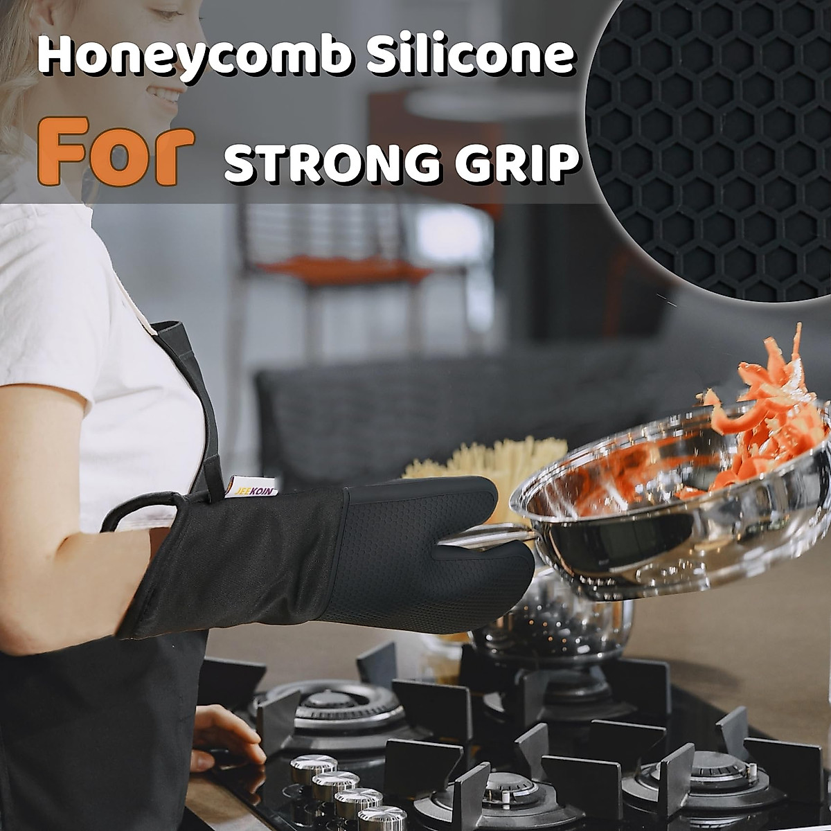 JEEKOIN Professional Oven Mitts Flexible and Durable, Honeycomb Silicone Oven Mitt Heat Resistant 581, Extra Long Cooking Protection BBQ Gloves, Non-Slip Pot Holders, BPA-Free, 14 Inch 1 Pair, Black