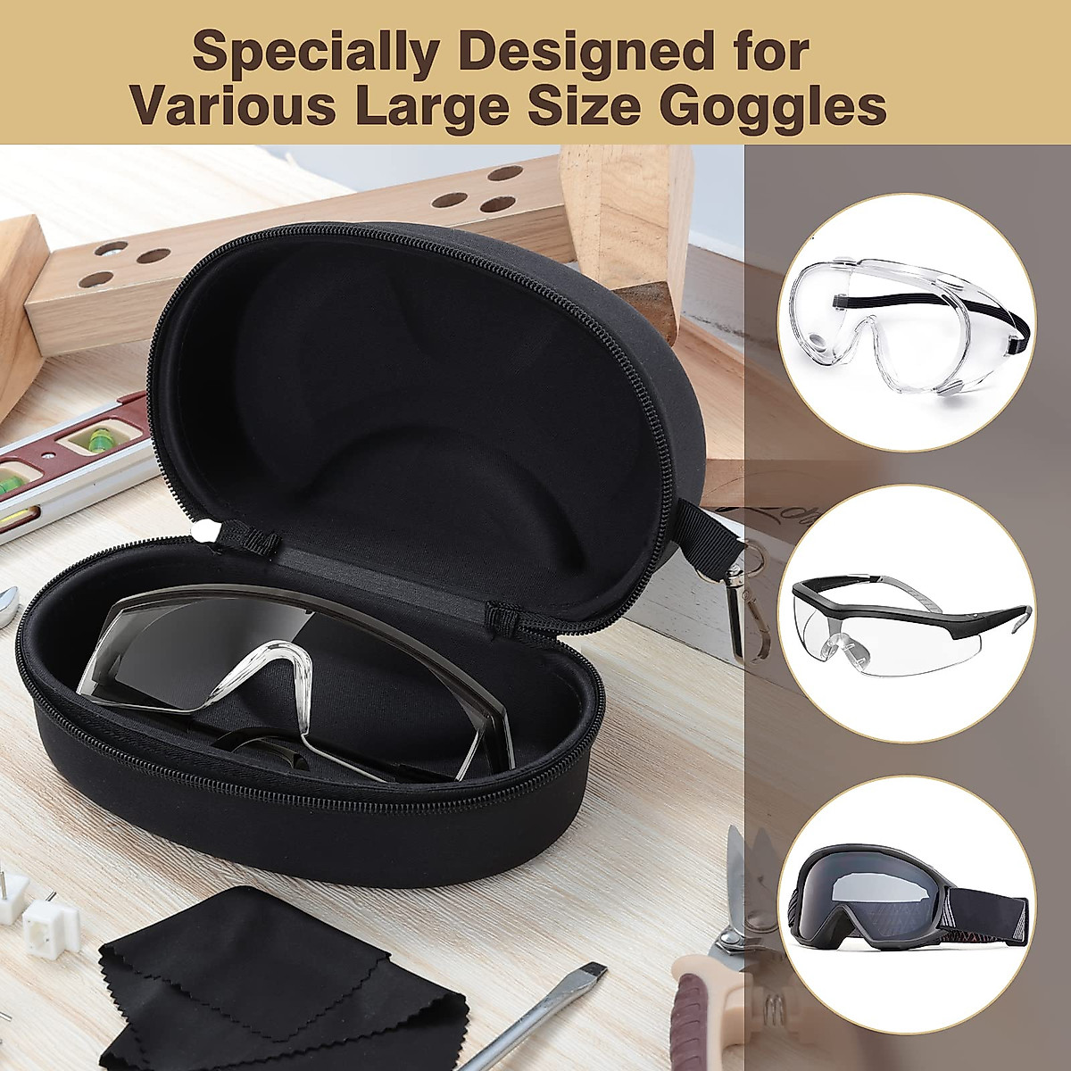 MoKo Safety Glasses Case, Goggle Case with Double-Stitched Zipper, Semi Hard Shell Glasses Case for Sports Sunglasses of All Shapes and Sizes, Metal Clip, Black