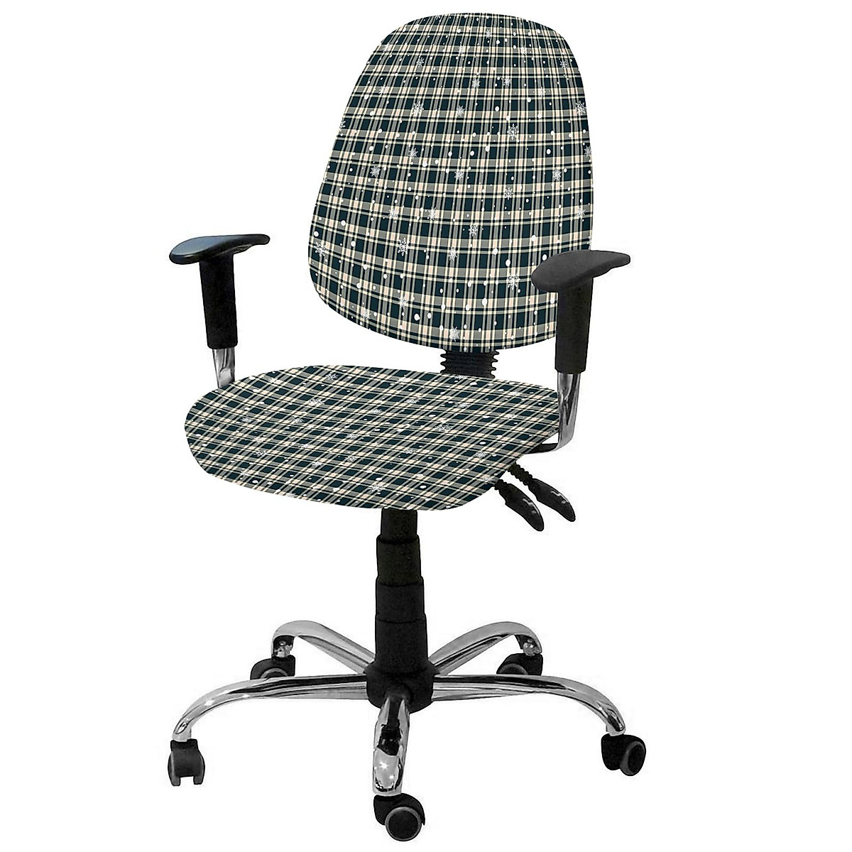 Christmas Snowflake Office Chair Cover Stretchable Computer Chair Seat Cover Backrest Slipcovers, Stretchable Rotating Desk Chair Seat Cushion Split Protectors Farmhouse Buffalo Plaid Blackish Green