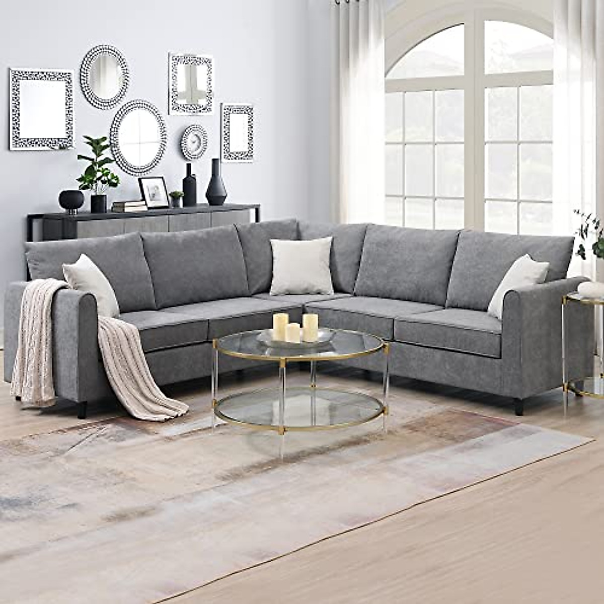 Evedy 91'' L-Shaped Couch for Home Use Fabric,3 Pillows Included, Grey Big Sectional Sofa