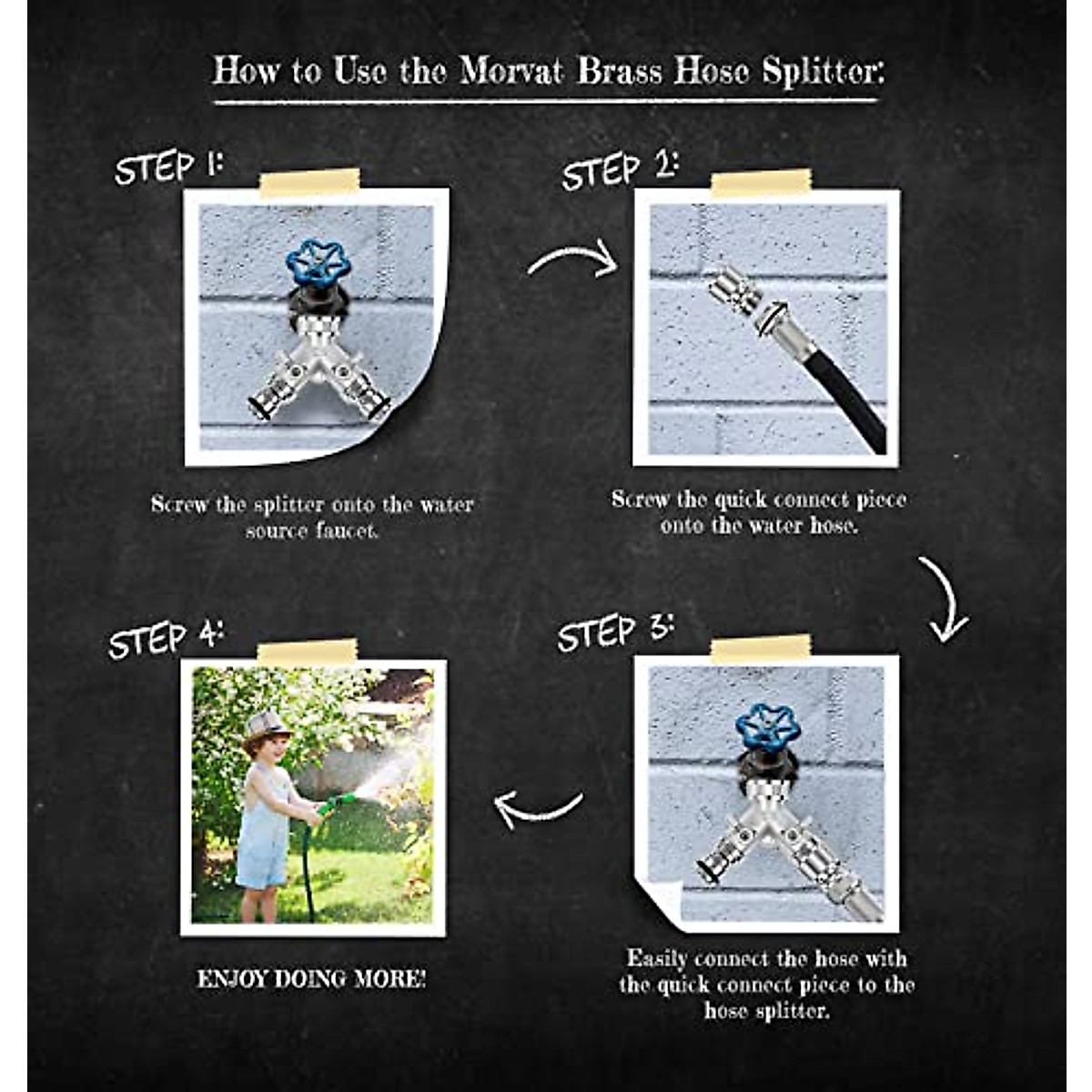 Morvat Nickel Plated Brass Garden Hose Quick Connector 2-Way Splitter- 2 in 1, Quick Disconnect Water Hose Fittings+ Garden Hose Splitter, Faucet Adapter, Hose Spigot Adapter with 2 Valves, 2 Washers